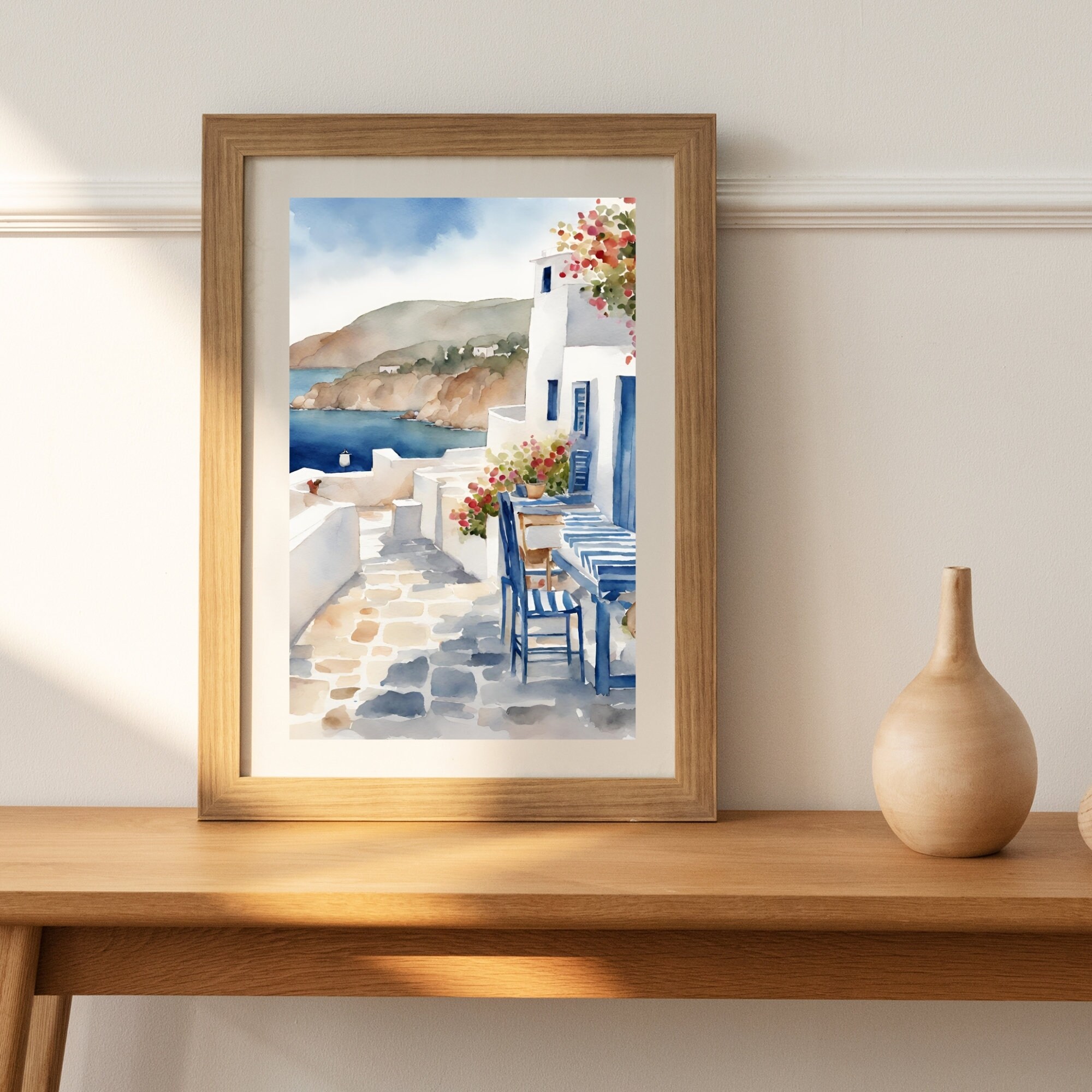 Greece Art Print, Watercolor Print, Wall Art Beach, Santorini, Island ...