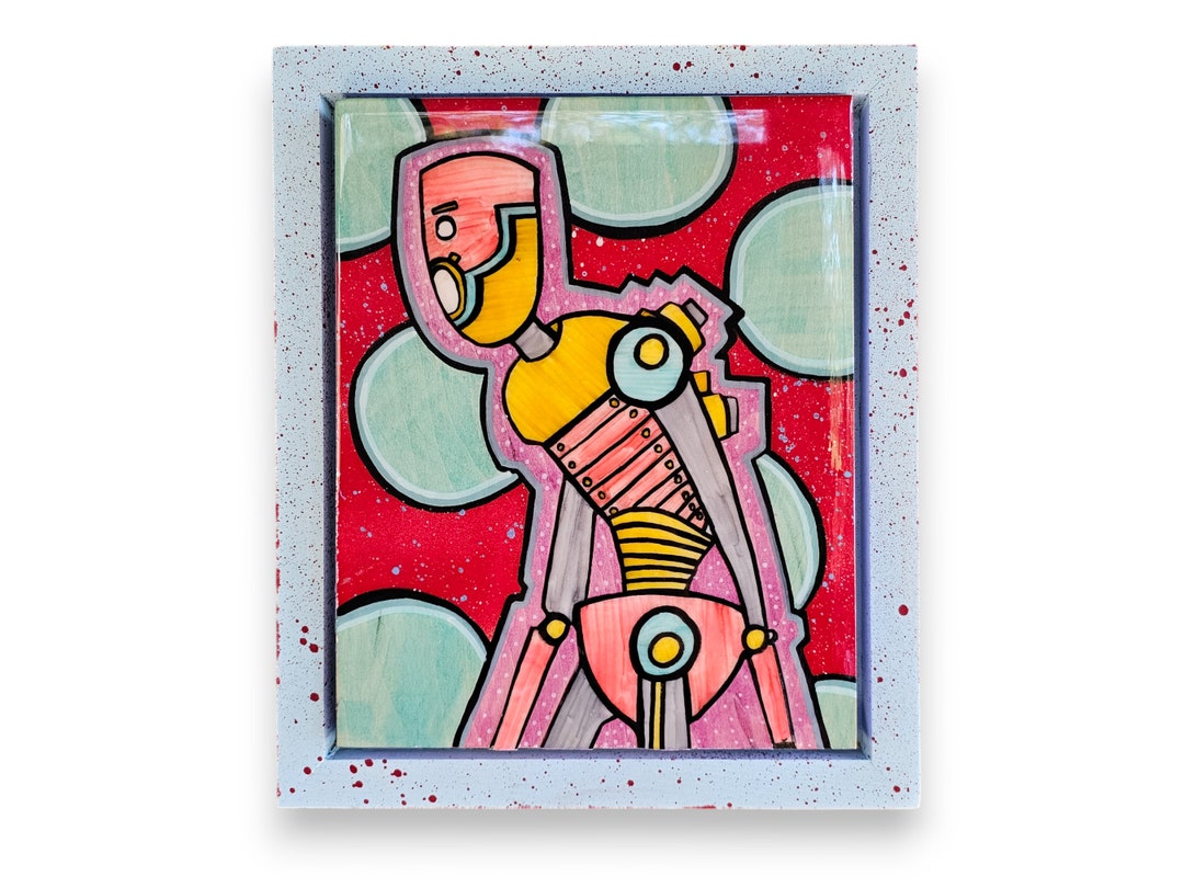 The Cosmic Jukebox Epoxy-coated Vibrant Robot Canvas With Custom Wood ...