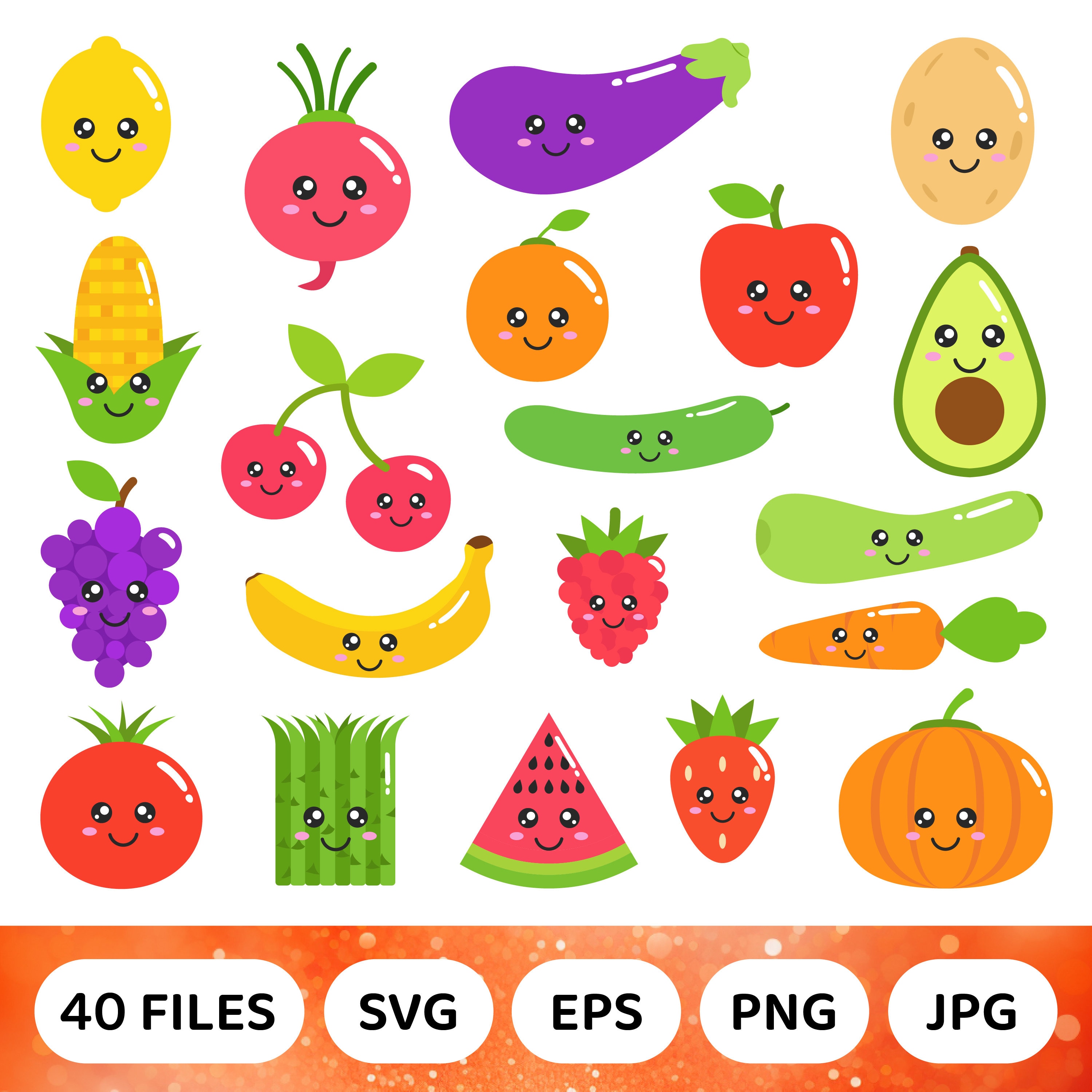 Cute Kawaii Fruit and Vegetable Clipart Svg, Kawaii Cartoon Fruits and ...