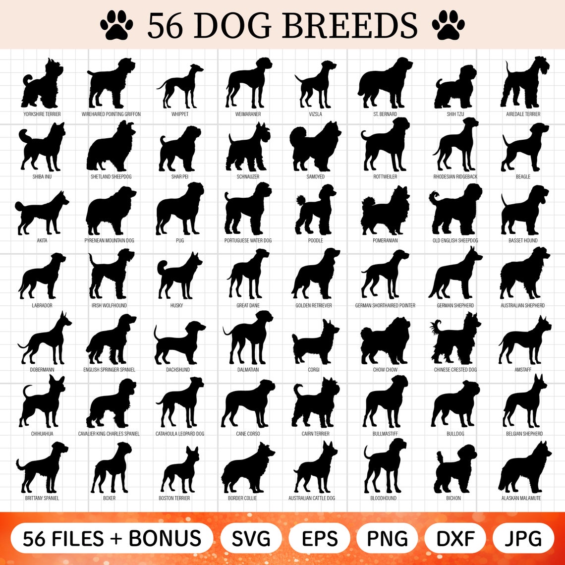 56 Dog Breed Silhouette Bundle, Dog Silhouettes Svg, Dog Breed Svg, Dog ...