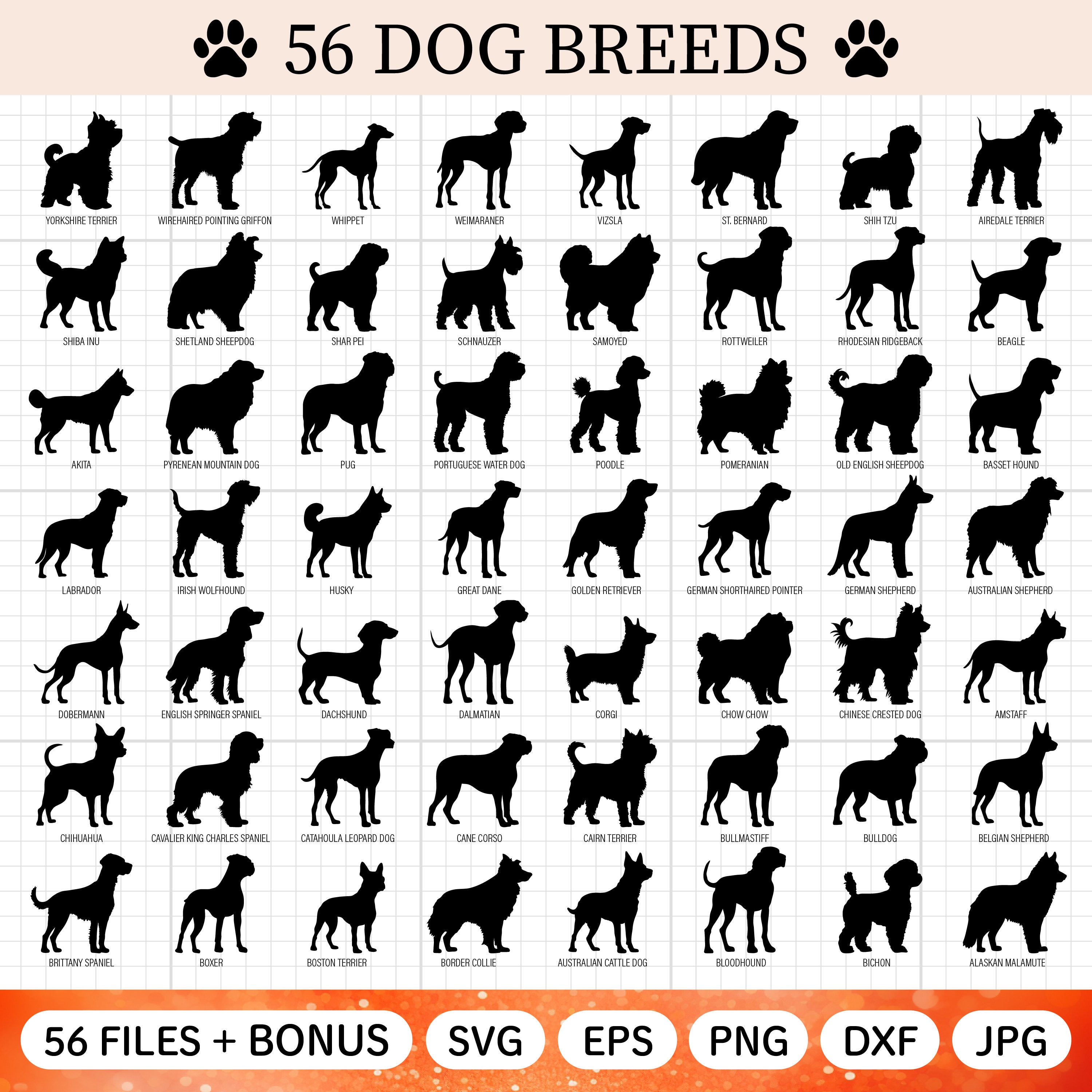 56 Dog Breed Silhouette Bundle, Dog Silhouettes Svg, Dog Breed Svg, Dog ...