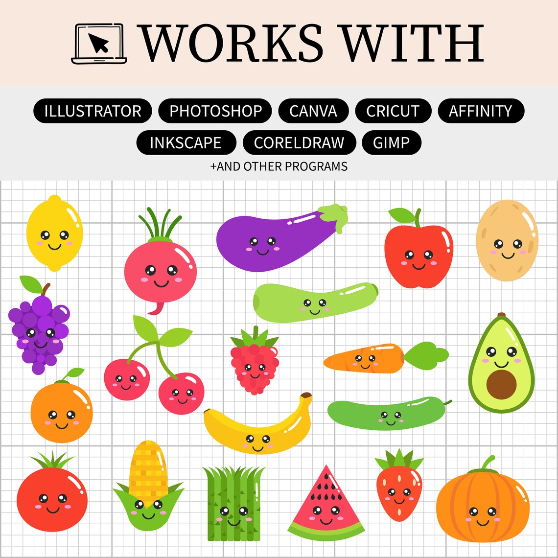 Cute Kawaii Fruit and Vegetable Clipart Svg, Kawaii Cartoon Fruits and ...