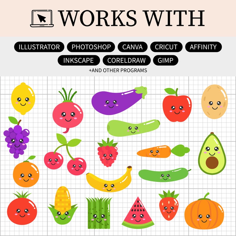 Cute Kawaii Fruit and Vegetable Clipart Svg, Kawaii Cartoon Fruits and ...