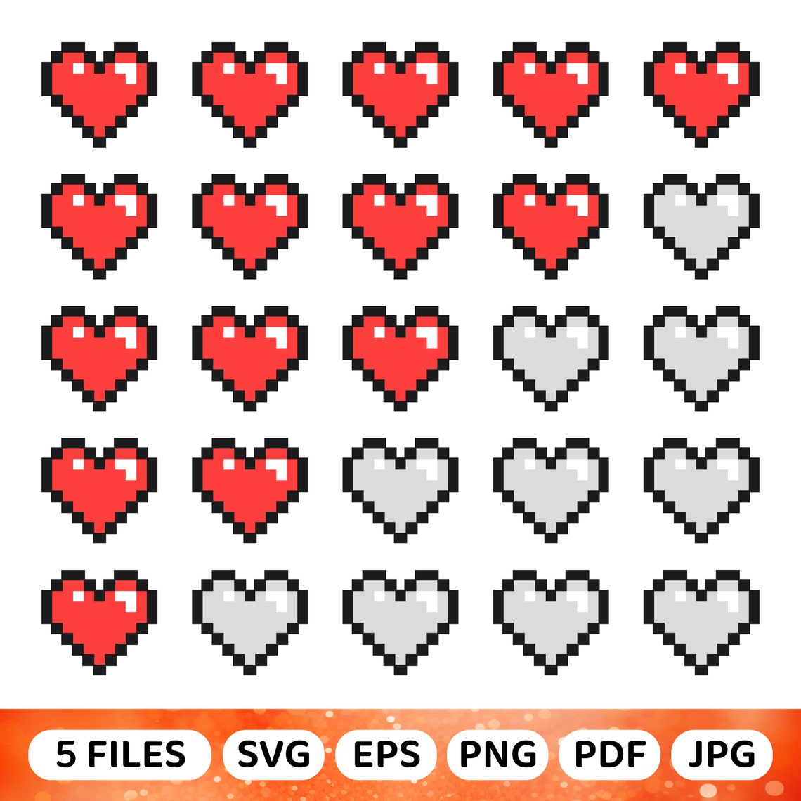 Pixel Health Hearts SVG Files, Life Pixel Heart SVG, Health Bar SVG ...