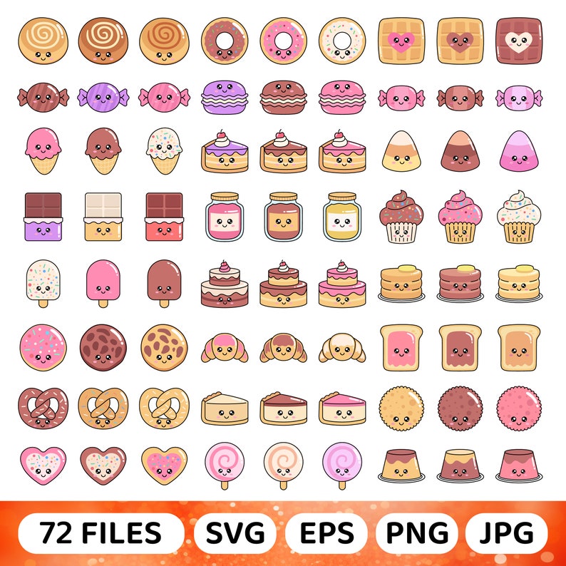 Kawaii Clipart Set Svg, Cute Sweets Clipart, Kawaii Food, Candy Clipart ...