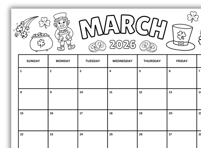 March 2026 Coloring Calendar, Printable March Calendar Activity ...