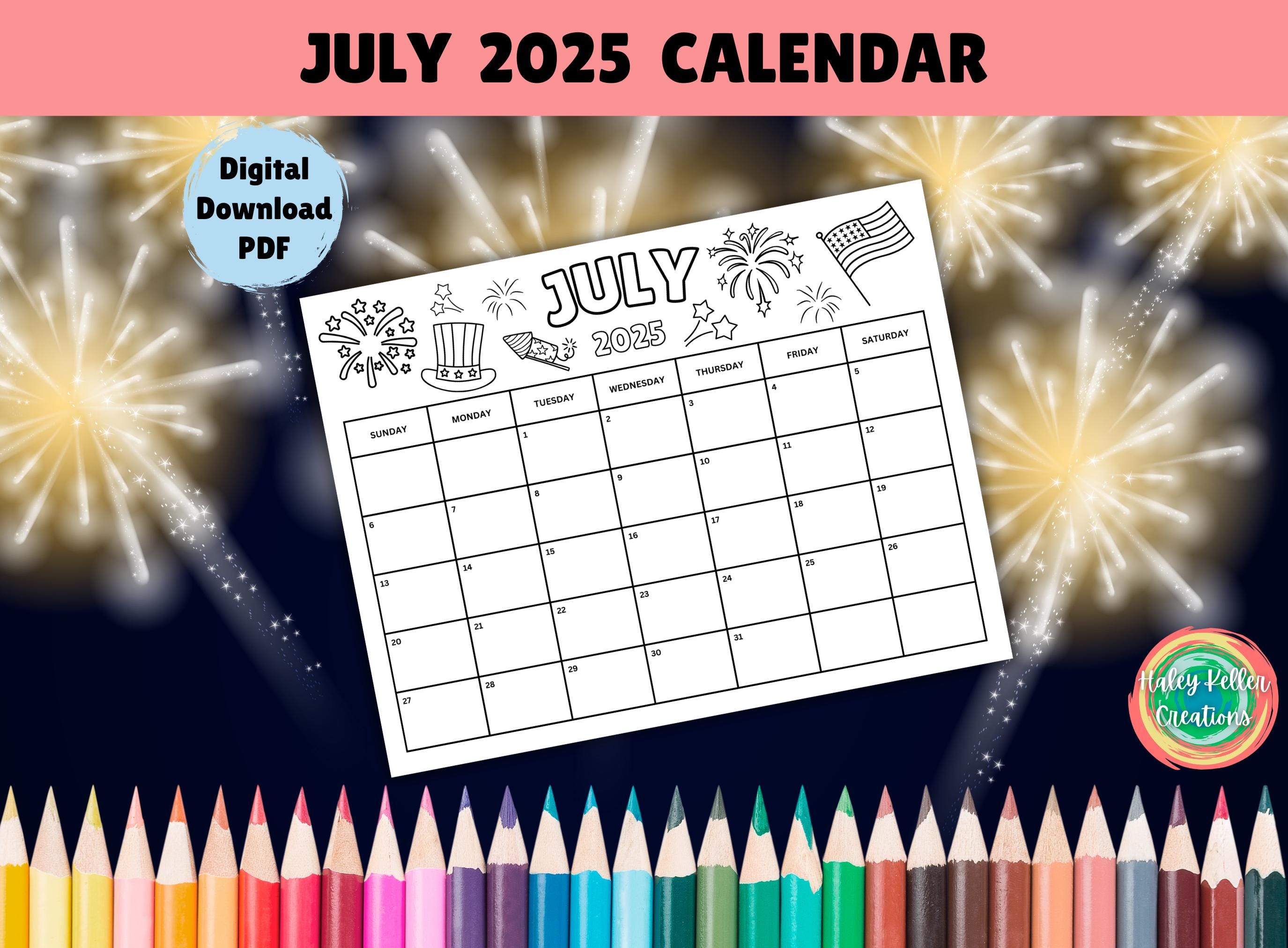 July 2025 Coloring Calendar, Printable July Calendar Activity, Monthly ...