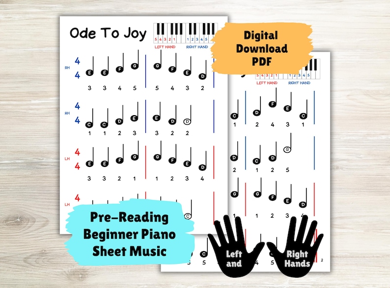 Ode to Joy Printable Beginner Piano Pre-reading, Pre Staff Easy Piano ...