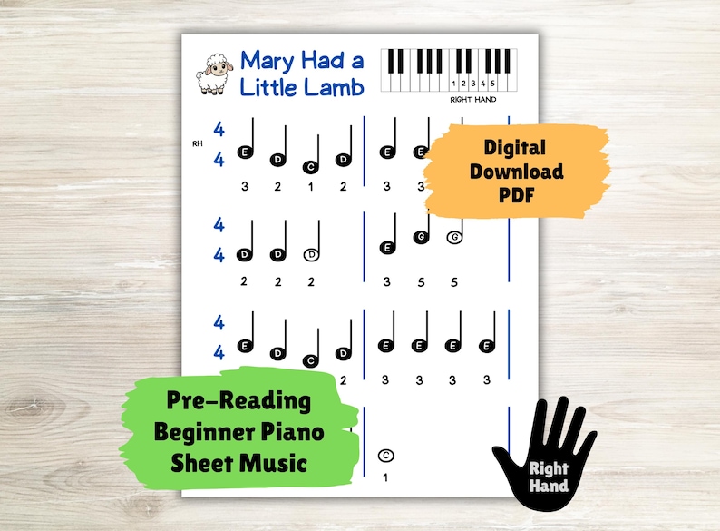 Mary Had a Little Lamb Printable Beginner Piano, Pre Staff Easy Piano ...