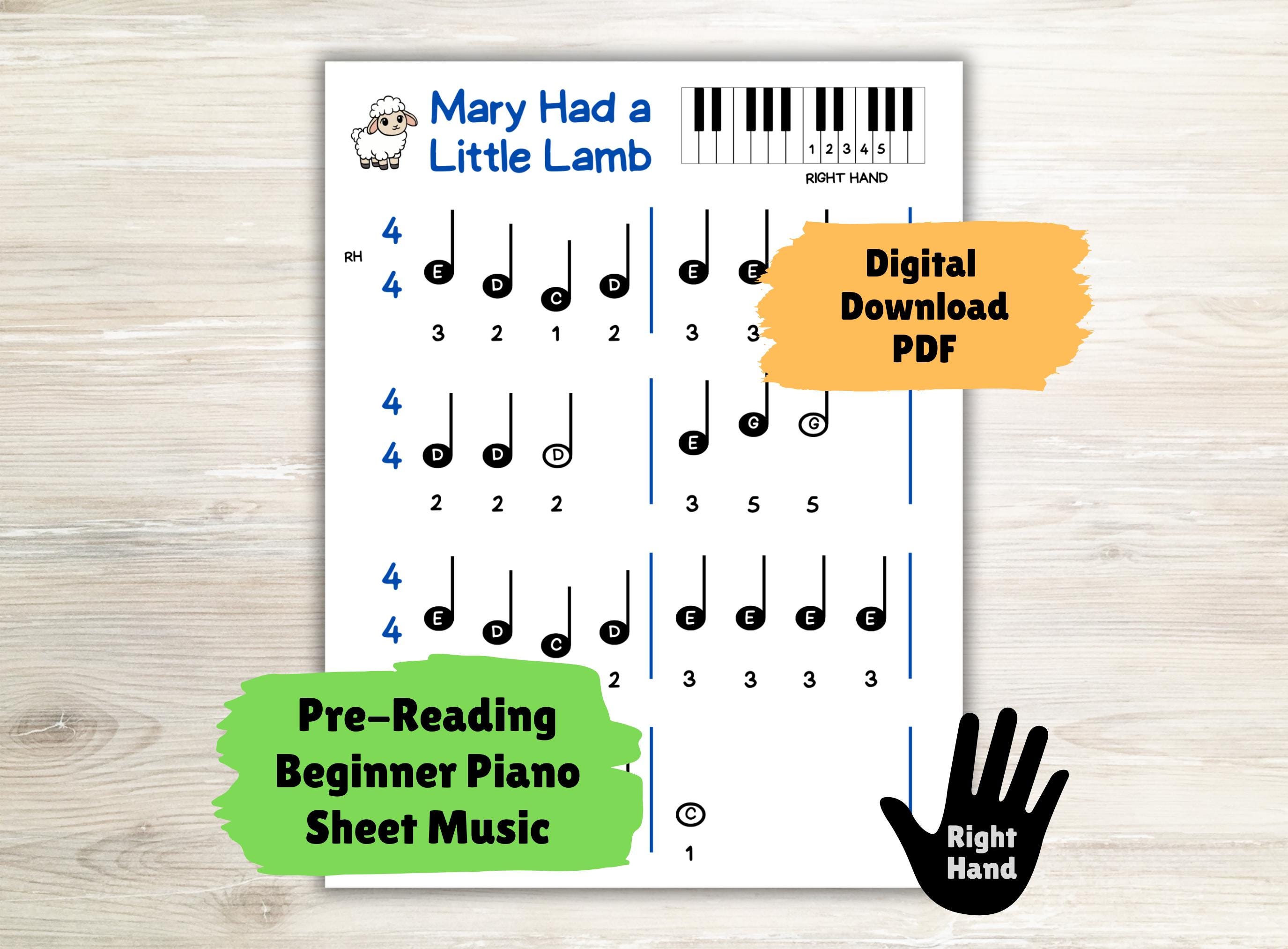 Mary Had a Little Lamb Beginner Piano Pre-reading, Pre Staff Easy Piano ...
