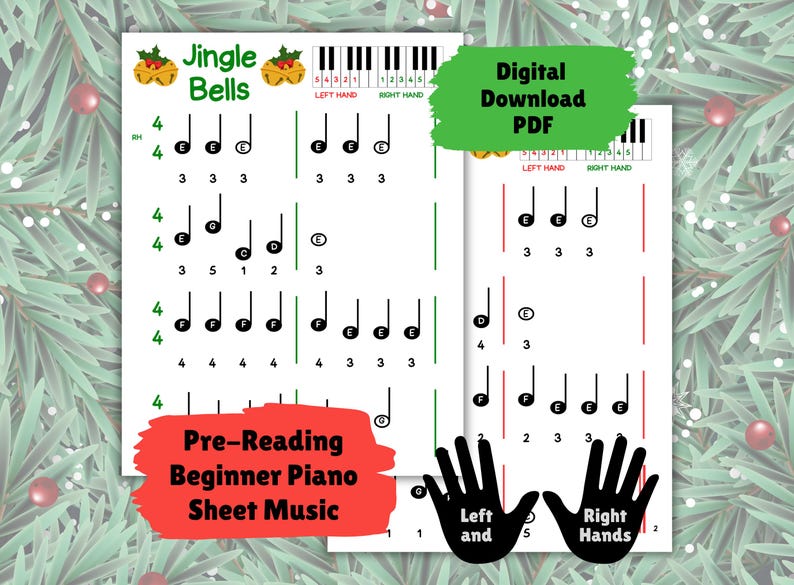 Jingle Bells Printable Beginner Piano Pre-reading, Pre-staff Easy Piano ...