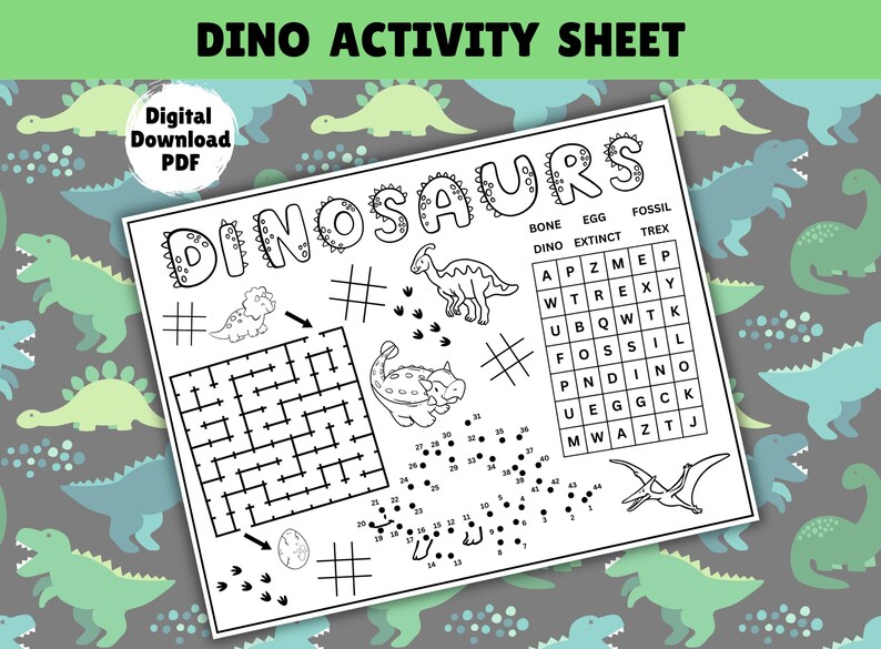 Dinosaurs Coloring Activity Placemat, Kids Dinosaur Birthday Party ...