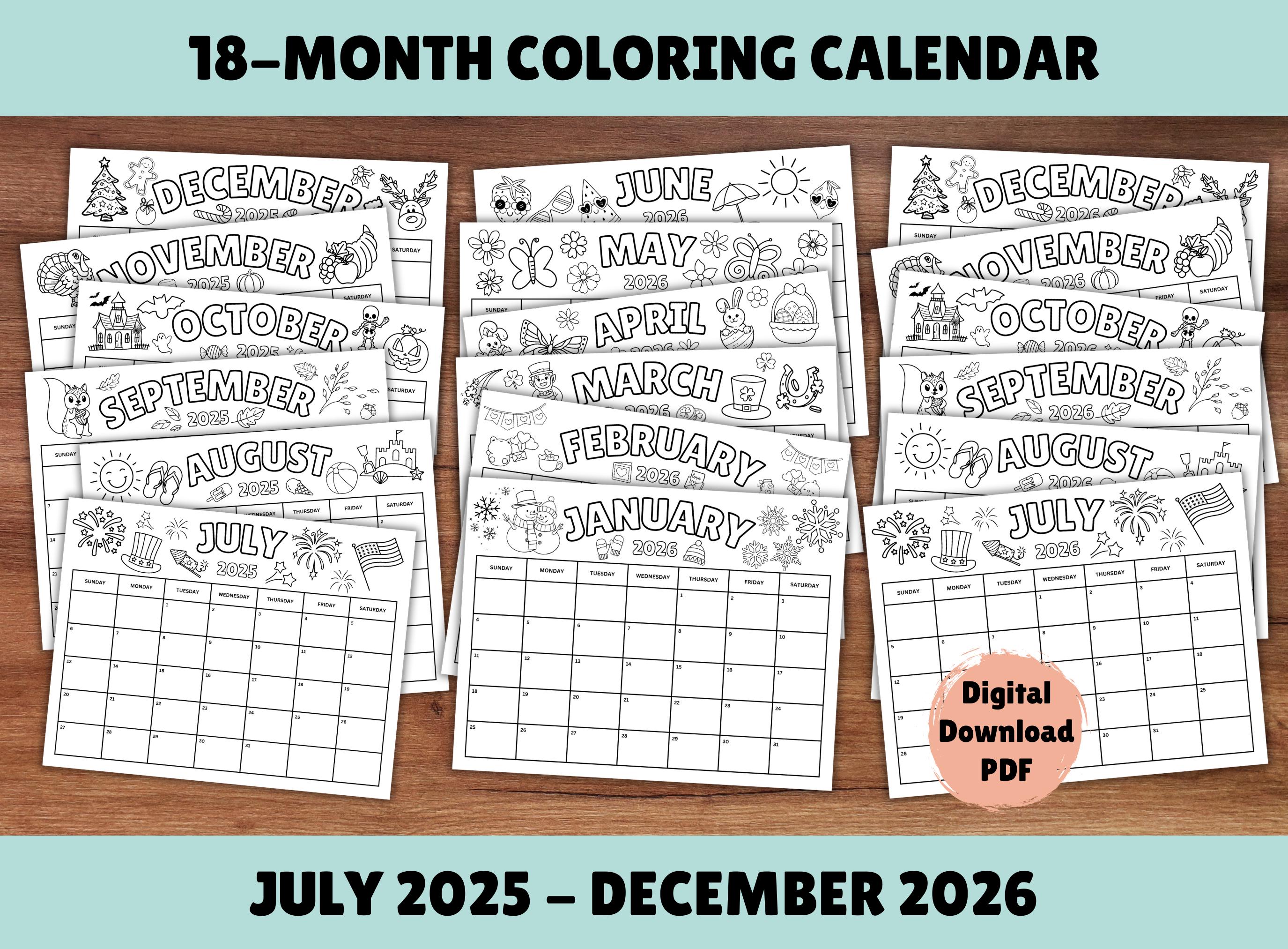18-month Coloring Calendar Download, 2025-2026 Calendar Printable ...