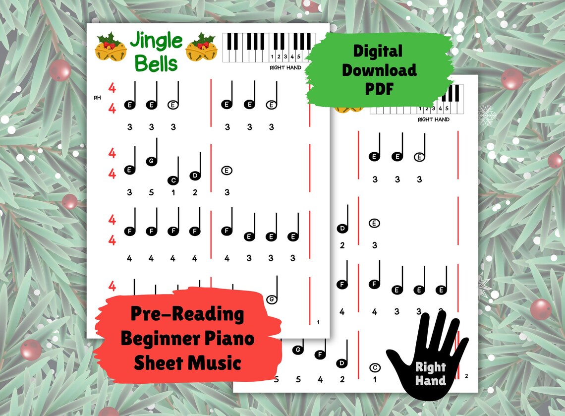 Jingle Bells Printable Beginner Piano Pre-reading, Pre-staff Easy Piano ...