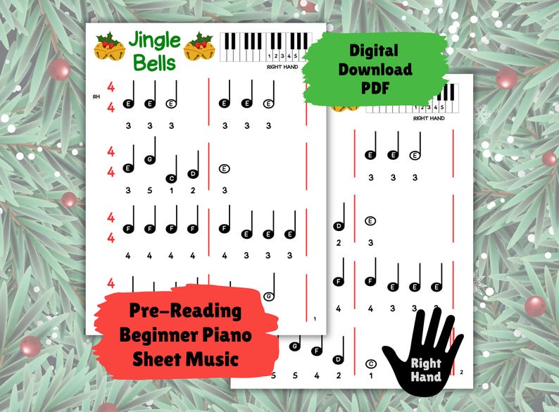 Jingle Bells Printable Beginner Piano Pre-reading, Pre-staff Easy Piano ...