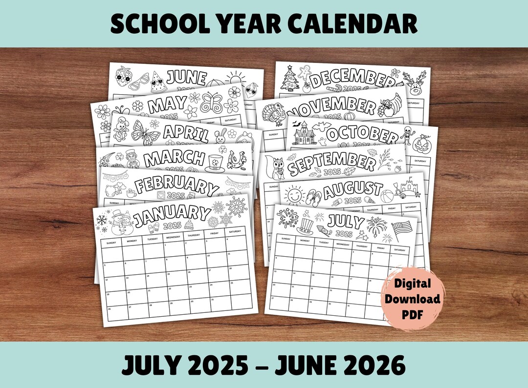 2025-2026 School Year Coloring Calendar, 25-26 Academic Yearly Calendar ...