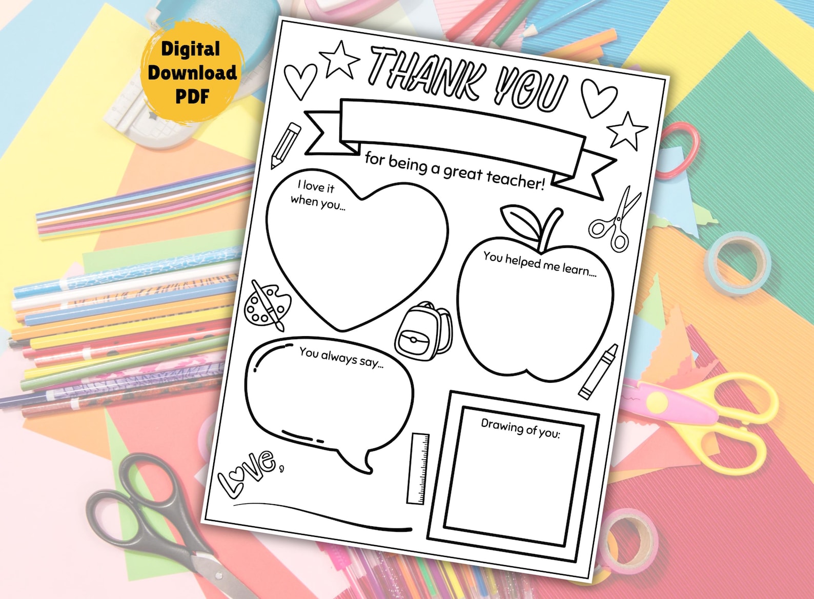 Kids Coloring Thank You Card for Teacher, About My Teacher Fill in ...