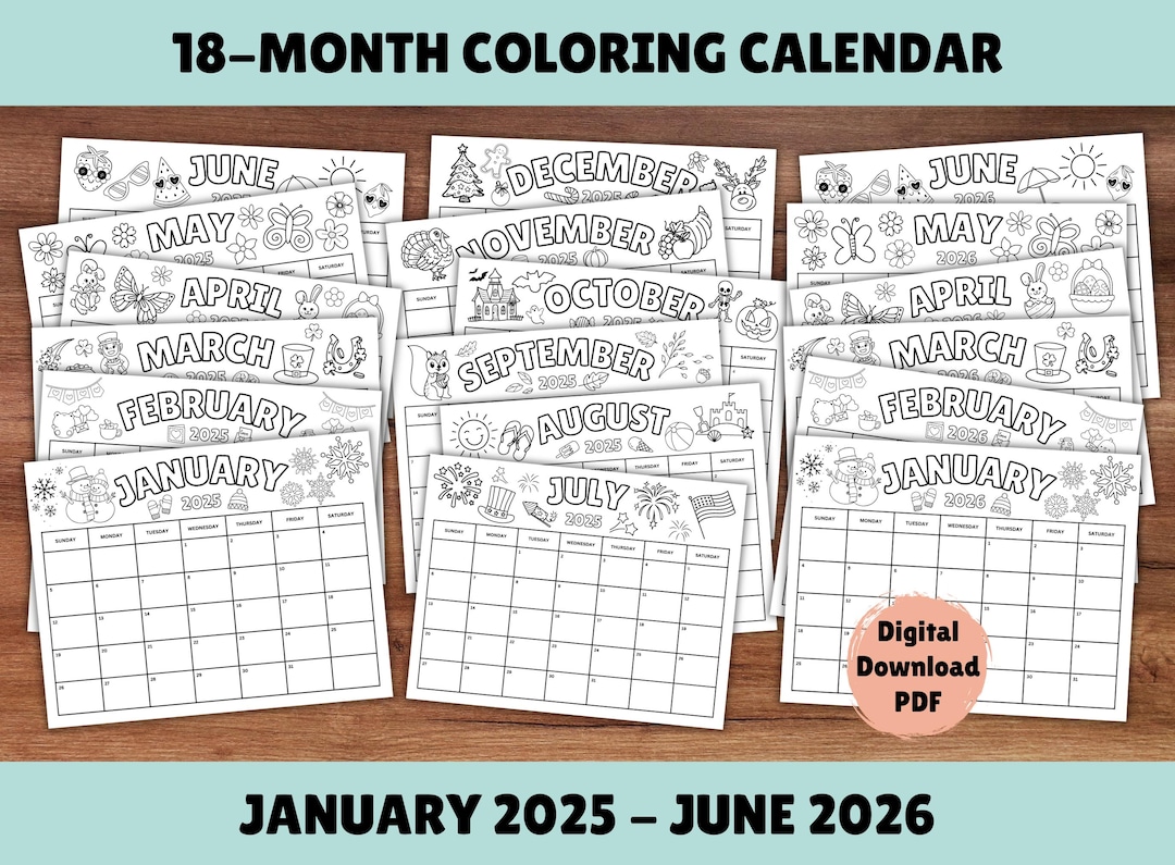 18-month Coloring Calendar Download, 2025-2026 Calendar Printable ...