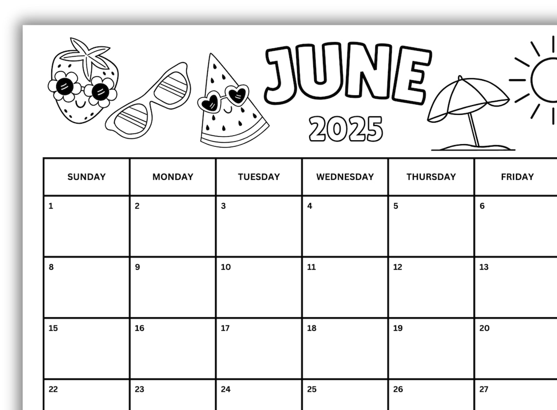 June 2025 Coloring Calendar Printable June Calendar Activity Monthly ...