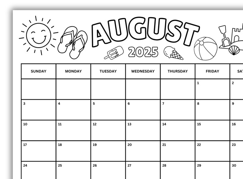 August 2025 Coloring Calendar Printable August Calendar Activity ...