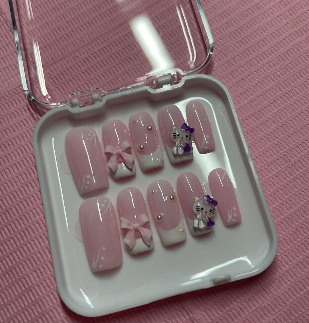 Medium Square Gel Press on Nails Hello Kitty French Tips Pearls - Etsy