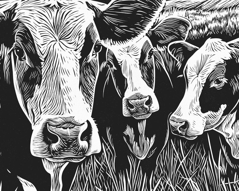 Cow Portrait Linocut Art Prints Cows Lino Print Poster Animal Linoleum ...
