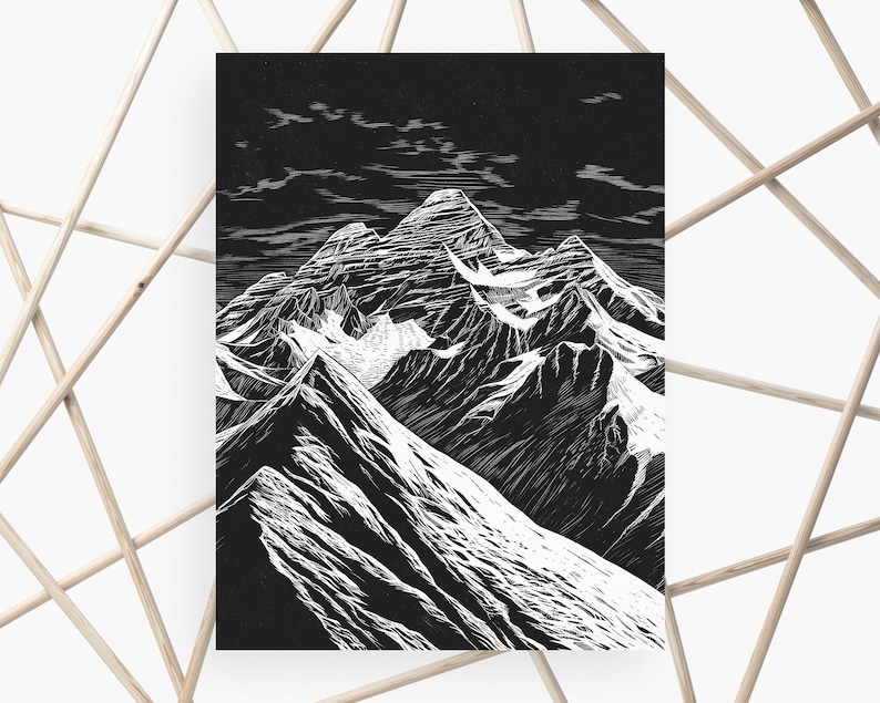 The Andes Mountains Linocut Print Black White Landscape Art Poster Lino ...