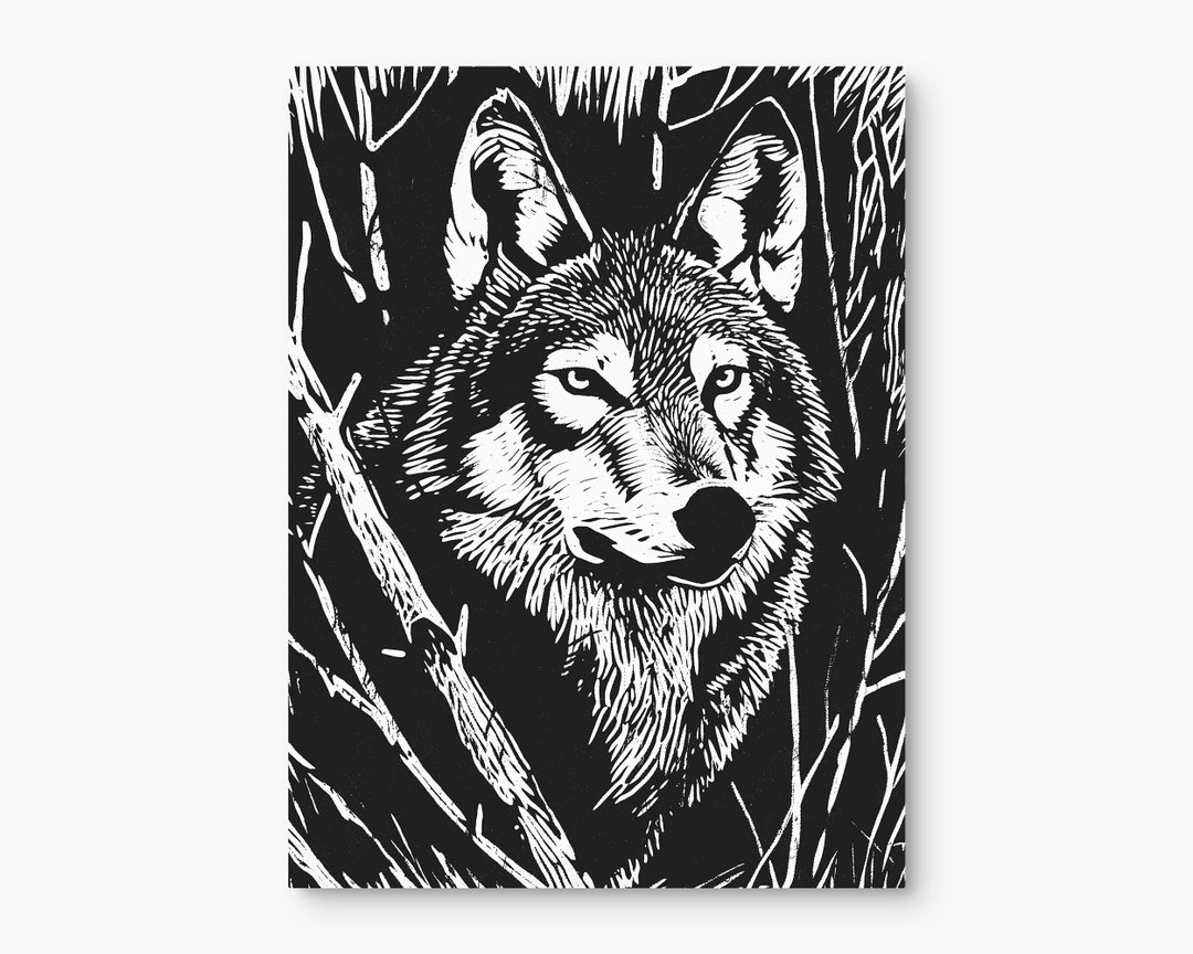 Wolf Portrait Animal Linoleum Wall Decor Linocut Art Print Digital ...