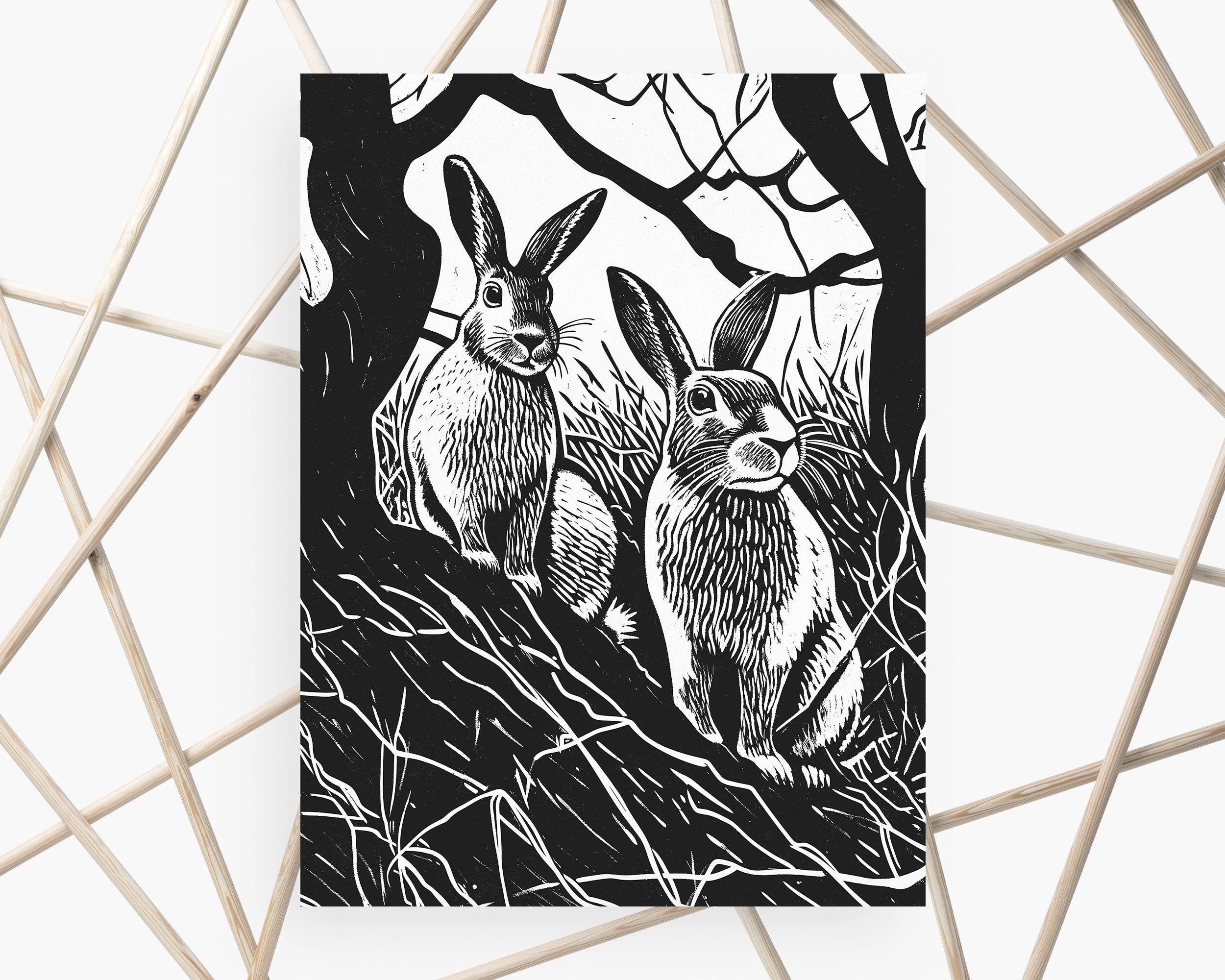 Three Rabbits Linocut Art Print Animal Linoleum Wall Decor Bunnies Lino ...