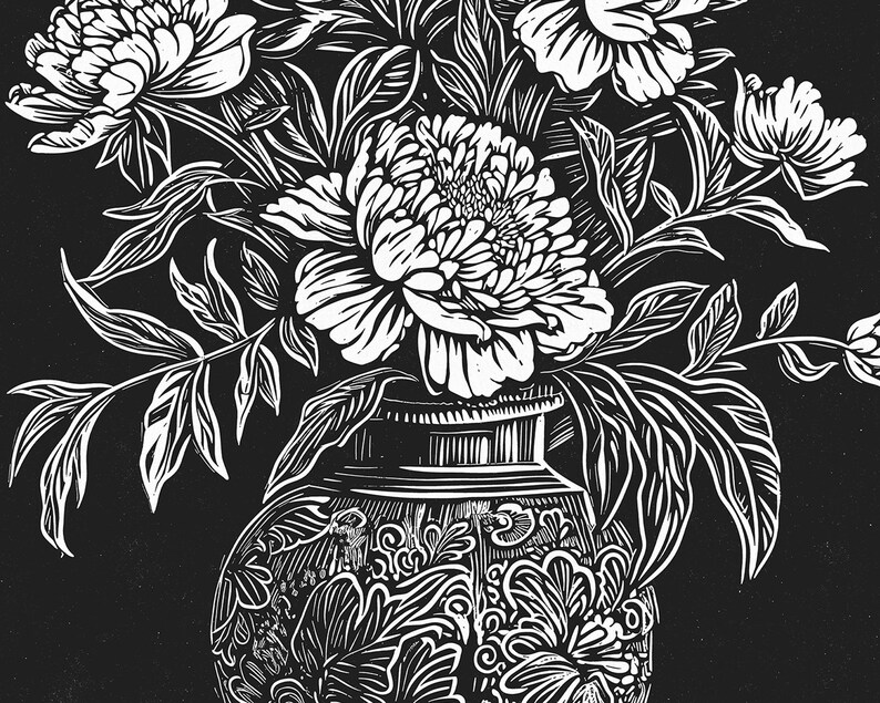 Peony Floral Vase Linocut Peonies Poster Linocut Art Prints Black White ...