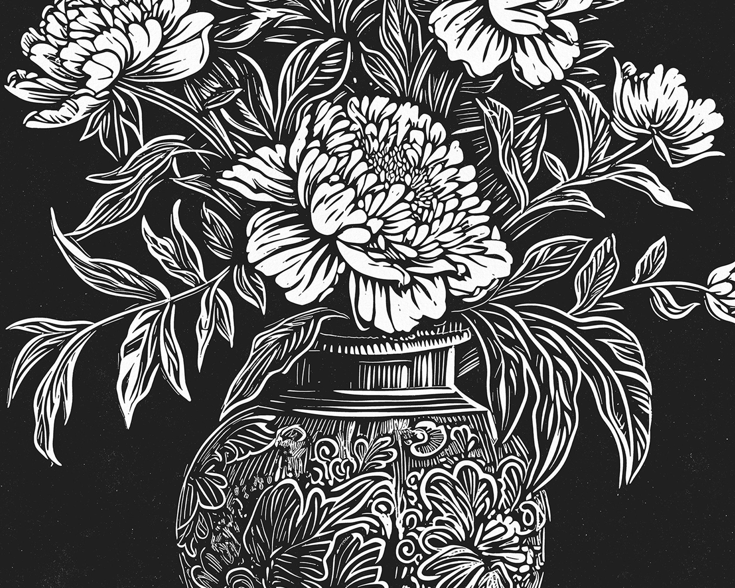 Peony Floral Vase Linocut Peonies Poster Linocut Art Prints Black White ...
