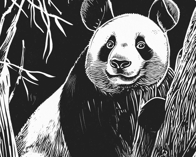 Cute Panda Bear Digital Printmaking Art Print Animal Linoleum Art Bear ...