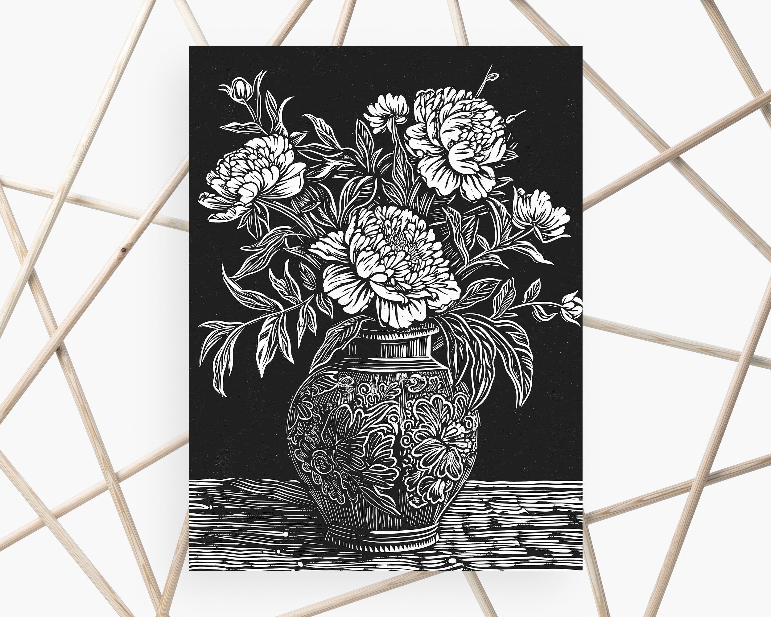 Peony Floral Vase Linocut Peonies Poster Linocut Art Prints Black White ...