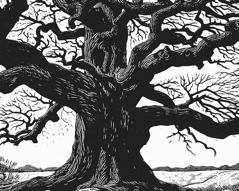 Large Old Oak Tree Lino Print Nature Wall Art Decor Black White ...