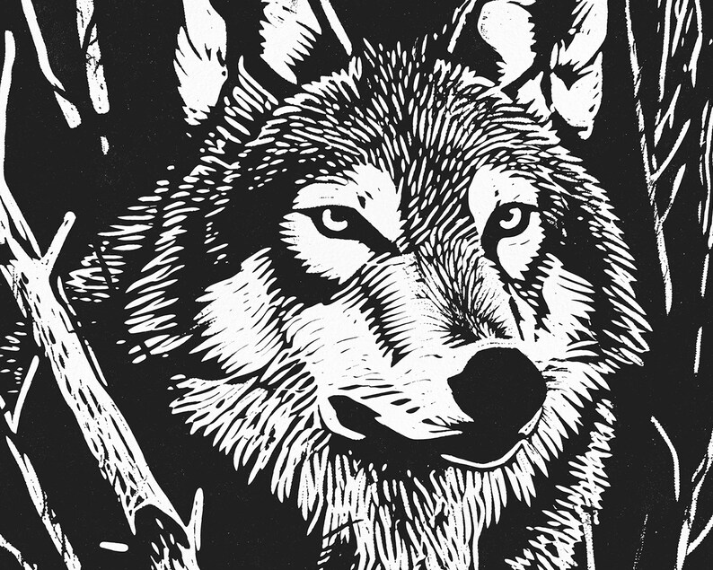 Wolf Portrait Animal Linoleum Wall Decor Linocut Art Print Digital ...