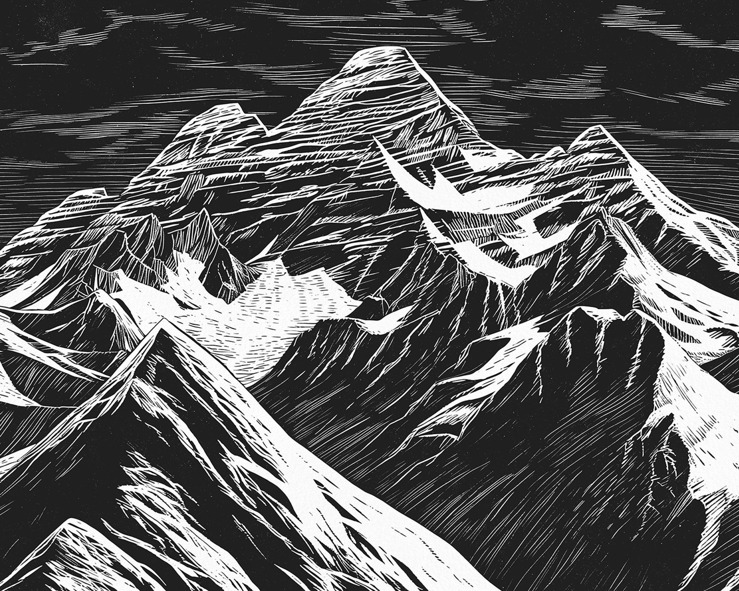 The Andes Mountains Linocut Print Black White Landscape Art Poster Lino ...