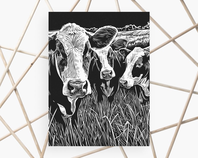 Cow Portrait Linocut Art Prints Cows Lino Print Poster Animal Linoleum ...