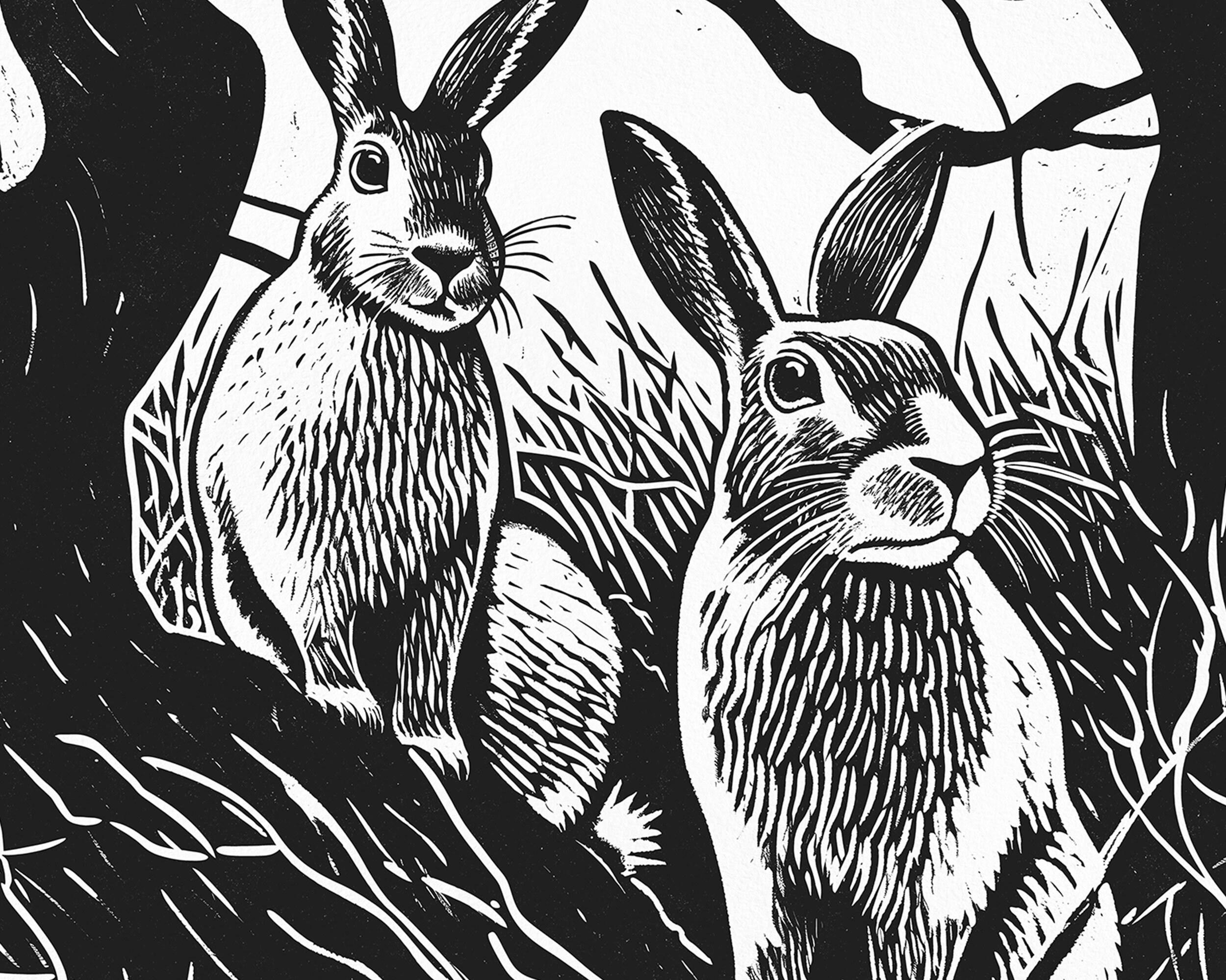 Three Rabbits Linocut Art Print Animal Linoleum Wall Decor Bunnies Lino ...