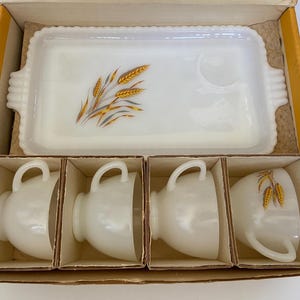 Beautiful Vintage Anchor Hocking 8 Piece Wheat Pattern Milk Glass Snack ...