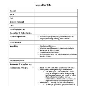 Blank Lesson Plan Template: UBD, Including Multicultural Principals - Etsy