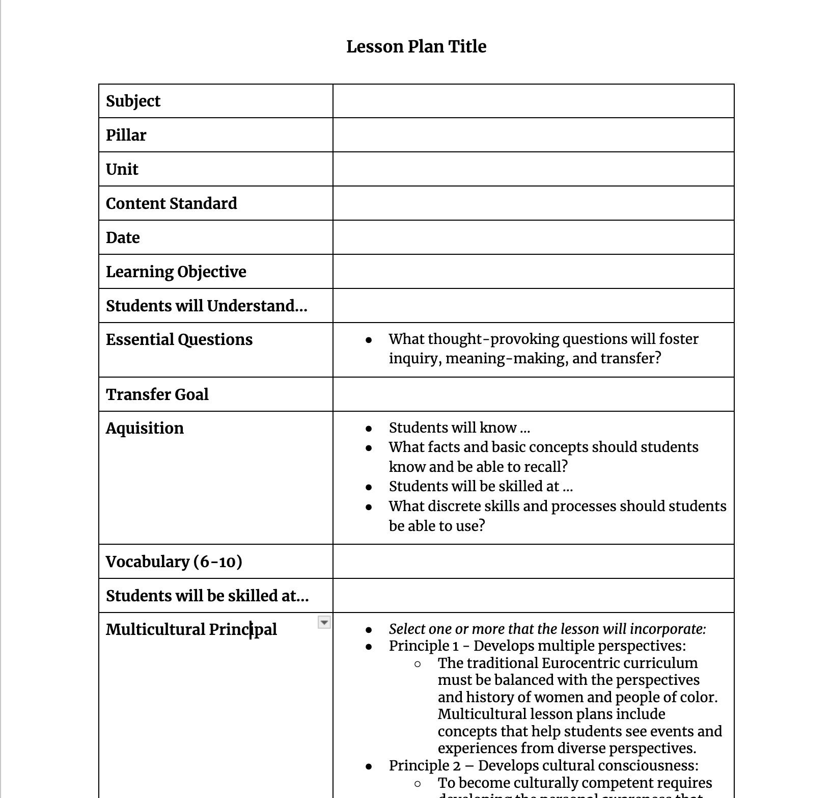 Blank Lesson Plan Template: UBD, Including Multicultural Principals - Etsy