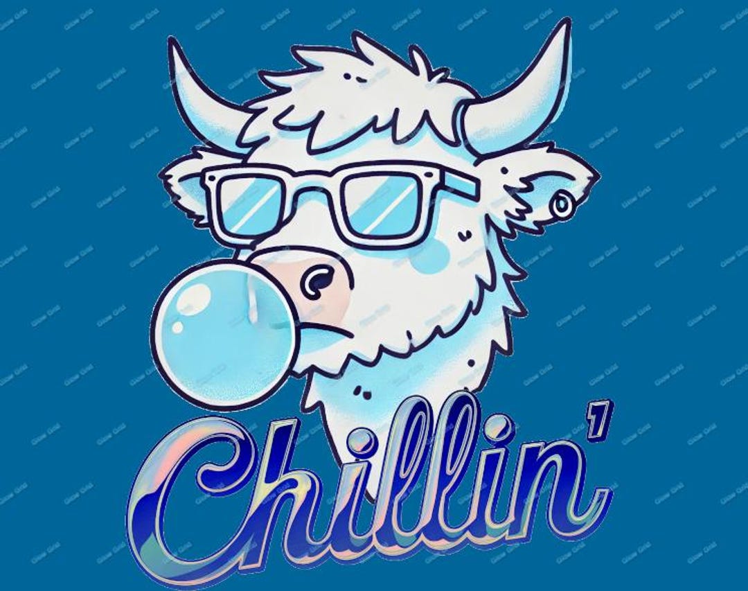 Chillin' Bubblegum Cow PNG Cool Cartoon Highland Cow Graphic With ...