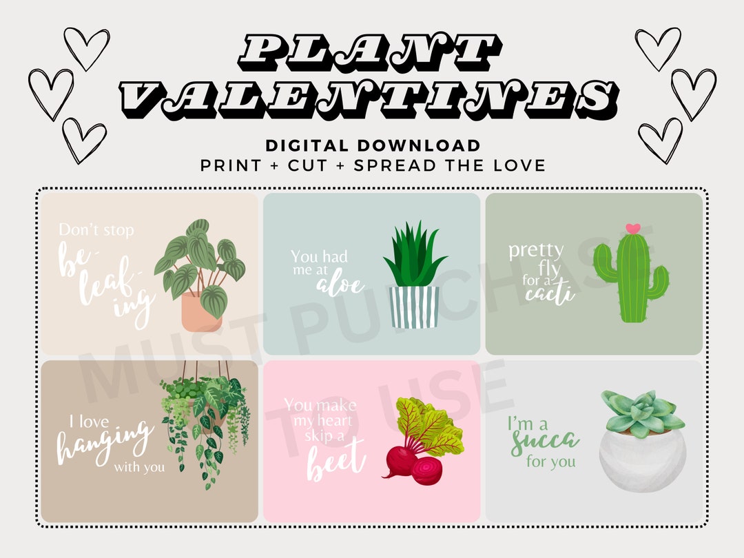 Instant Download Plant Themed Valentine Cards for Kids & Adults Digital ...