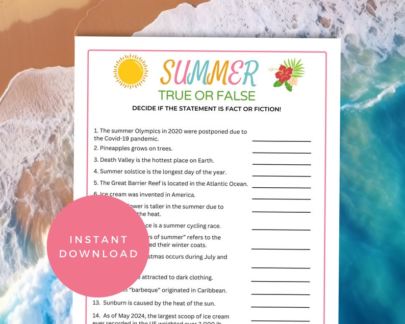 Summer Fact or Fiction Trivia Game, Summer Party Games, Summer ...