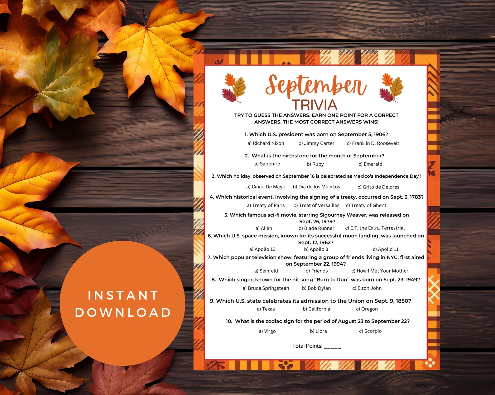 September Trivia, September Trivia Game, Fall Trivia Game, Fall ...