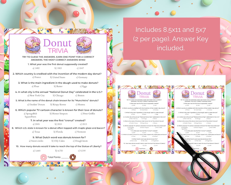 Donut Trivia, Printable Donut Trivia, Dessert Trivia, Printable Trivia ...