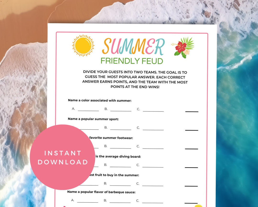 Summer Friendly Feud Game, Trivia Night, Family Reunion Quiz, Summer ...
