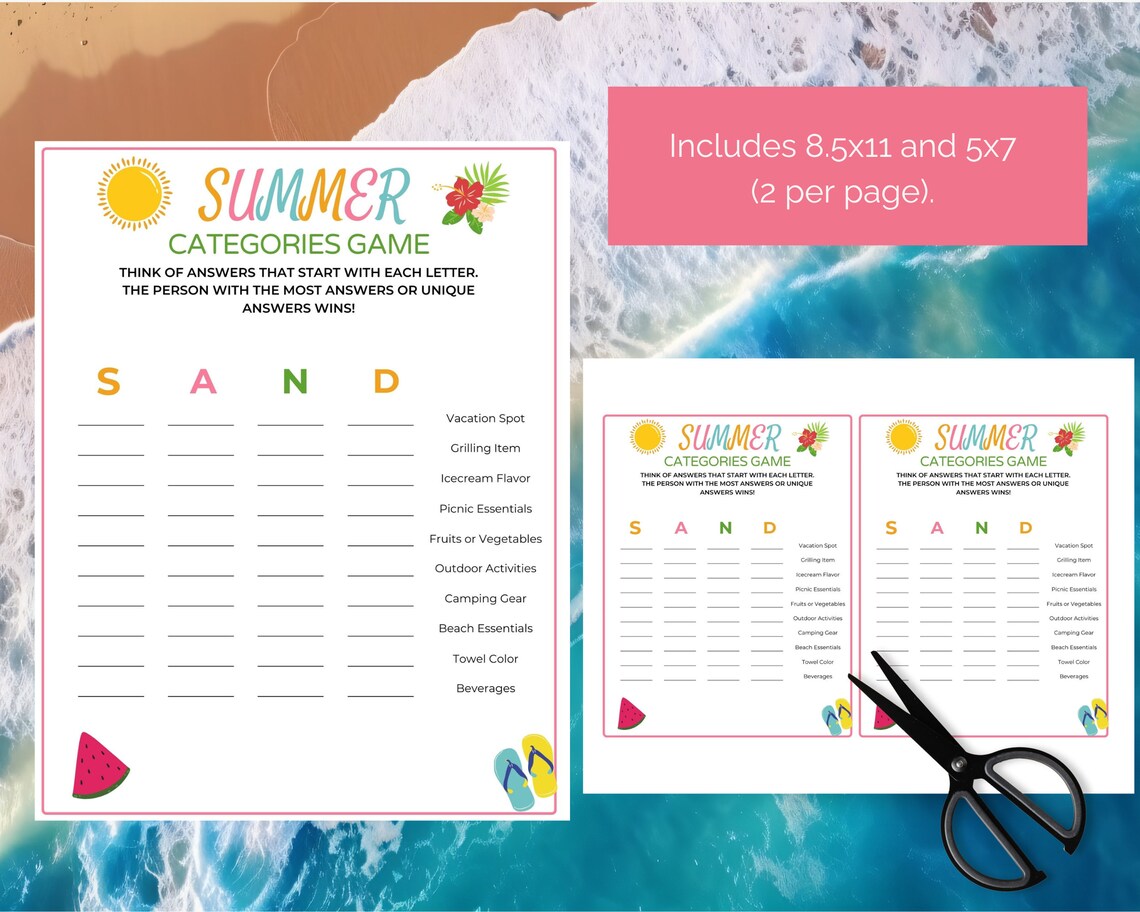 Summer Categories Game, Printable Summer Game for Kids & Adults ...