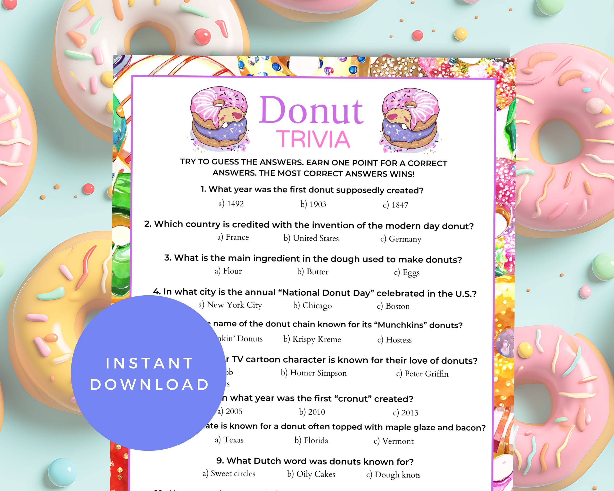 Donut Trivia, Printable Donut Trivia, Dessert Trivia, Printable Trivia ...