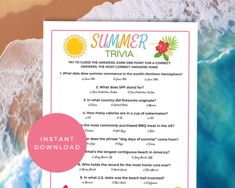 Summer Trivia Game, Summer Favors Decor, Family Reunion Party Game ...